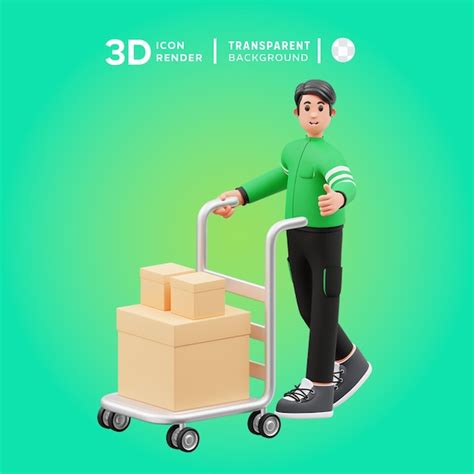트롤리를 사용하여 엄지손가락을 치켜드는 3d 택배 운반 패키지 그림 프리미엄 Psd 파일