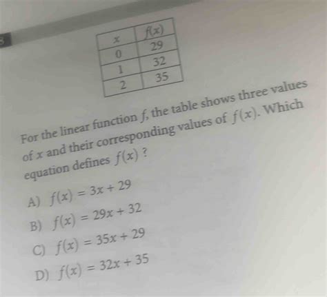 For The Linear Function F The Table Shows Three Values F X Which Of X And Their Corre Math