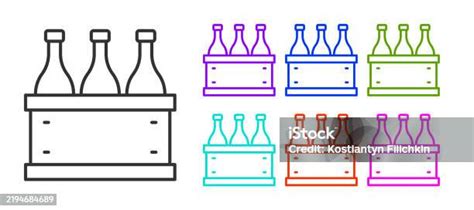 검은 선 나무 상자 아이콘 절연 통하고 있는 White 배경 와인의 병 나무 상자 아이콘에 와인 병 아이콘을 다채롭게 설정합니다 벡터 고풍스런에 대한 스톡 벡터 아트 및