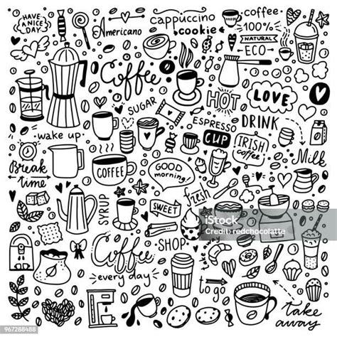 커피 그림을 설정합니다 그려진된 낙서 컬렉션 컵 커피 원두 커피와 디저트의 손 케이크에 대한 스톡 벡터 아트 및 기타 이미지 케이크 쿠키 개체 그룹 Istock