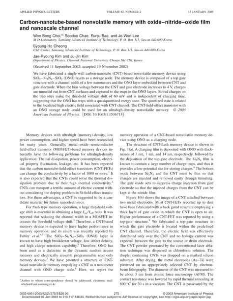 pdf carbon nanotube based nonvolatile memory with oxide nitride oxide