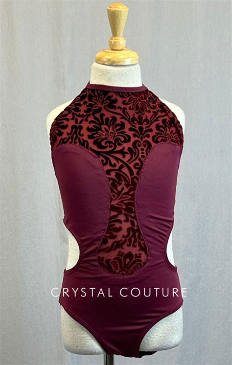 Custom Maroon Leotard With Side And Back Cutouts And Lace Center Detai