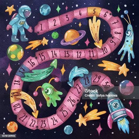 손으로 물색깔 공간 보드 게임 어린이 가족 오락 게임 디자인 카드 포스터 인쇄에 사용하십시오 행성 별 외계인 로켓과 우주 비행사와 게임 방법 디자인에 대한 스톡 벡터 아트