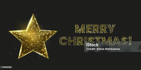 메리 크리스마스 낮은 폴리 배너 골드 스타와 다각형 와이어 프레임 메쉬 일러스트 검은 색 배경에 추상 적 현대 3d 벡터 그림