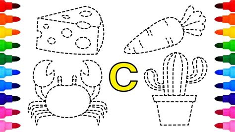 영어놀이 알파벳 C 단어 치즈 게 당근 선인장 점선 그림을 그리고 색칠하면서 영어 단어 배우기 Coloring Cheese Crab Carrot
