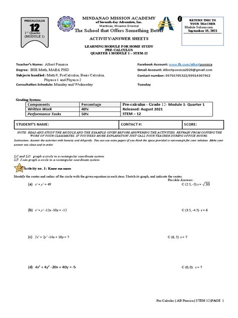 1st Sem Precal Q1 M1 August 22 23 Activity Sheet Pdf Ellipse Differential Geometry