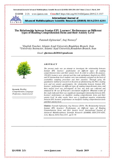 Pdf The Relationship Between Iranian Efl Learners Performance On Different Types Of Reading