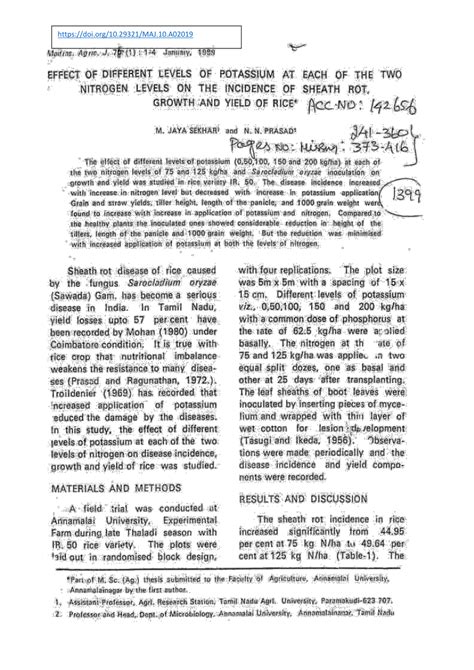 (PDF) EFFECT OF DIFFERENT LEVELS OF POTASSIUM AT EACH OF THE TWO NITROGEN LEVELS ON THE ...
