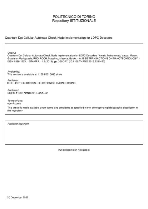 Pdf Quantum Dot Cellular Automata Check Node Implementation For Ldpc Decoders