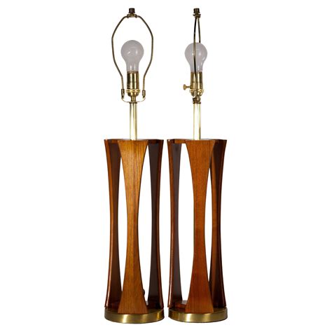Pair Of Walnut And Brass Table Lamps In Style Of Modeline Mid Century
