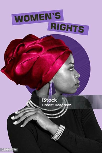 수직 현대 사진 콜라주 심각한 미국 소녀 착용 터번 귀걸이 목걸이 스탠드 페미니즘 파업 여성 권리 18 19세에 대한 스톡 사진 및 기타 이미지 Istock