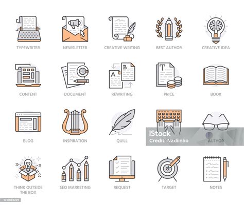 카피 라이팅 플랫 라인 아이콘이 설정되었습니다 작가 타이핑 텍스트 소셜 미디어 콘텐츠 이메일 뉴스레터 창의적인 아이디어 타자기 벡터 삽화 얇은 표지판을 씁니다 오렌지 색상