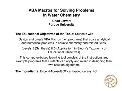 Ppt Vba Macros For Solving Problems In Water Chemistry Chad Jafvert