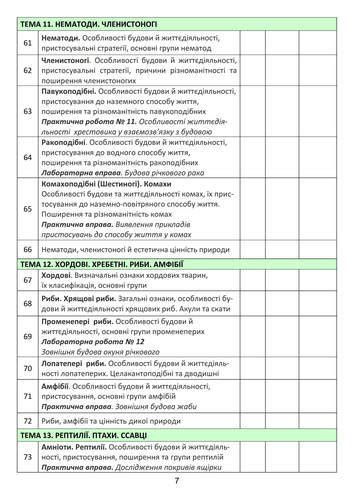 Біологія 7 клас НУШ Планування та методика 2024