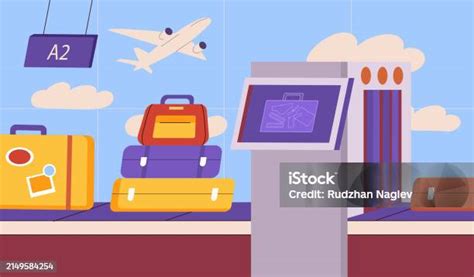 배경에 비행기가 있는 공항의 컨베이어 벨트에 있는 수하물 여행 컨셉 푸른 하늘 벡터 일러스트 레이 션 가방에 대한 스톡 벡터 아트 및 기타 이미지 Istock