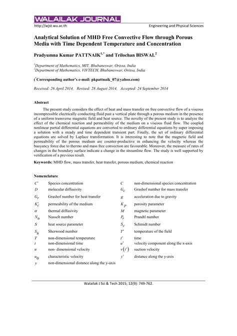 Pdf Analytical Solution Of Mhd Free Convective Flow Through Porous Media With Time Dependent