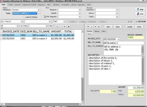 Free Invoicing Billing Database Template For Organizer Advantage