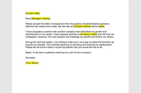 Administrative Assistant Resignation Letter Template Resignation
