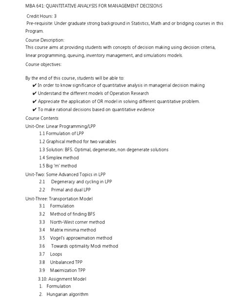 Mba 641 Quantitative Analysis For Management Decisions Pdf Linear