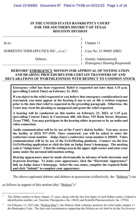 Debtors Emergency Motion For Approval Of Notification And Hearing