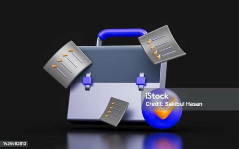 어두운 배경에 문서 확인 표시 기호가 있는 서류 가방 3d 렌더링 계약서에 대한 스톡 사진 및 기타 이미지 계약서 3차원 형태 가방 Istock