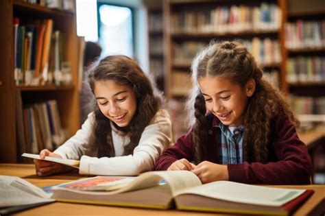 Premium Photo Bonding Over Books Classmates Reading Together In A School Library