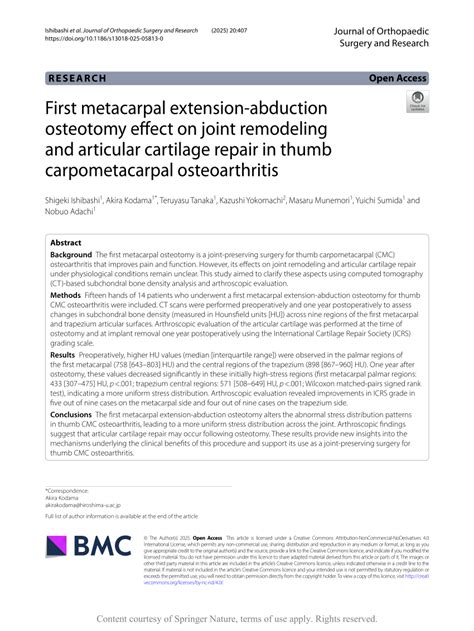 Pdf First Metacarpal Extension Abduction Osteotomy Effect On Joint Remodeling And Articular