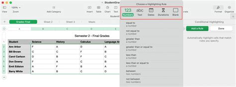 how to apply conditional highlighting formatting in numbers mid