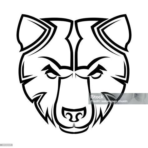 곰 머리의 흑백 라인 아트 기호 마스코트 아이콘 아바타 문신 T 셔츠 디자인 로고에 사용 이용 검은색에 대한 스톡 벡터 아트 및