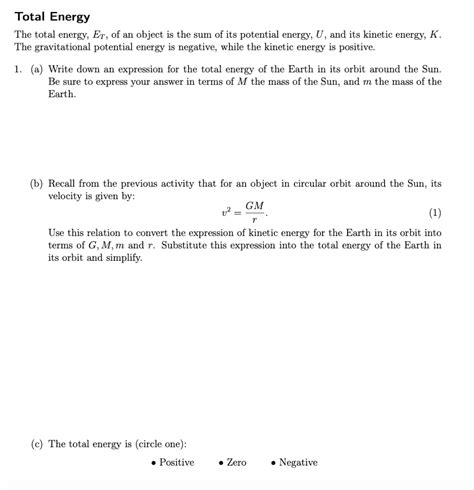 Solved Total Energy The Total Energy Et Of An Object Is Chegg Com