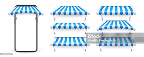 상점 차양과 금속 마운트가 있는 스마트폰 온라인 인터넷 쇼핑 현실적인 파란색 줄무늬 카페 차양 야외 시장 텐트 지붕 캐노피 여름