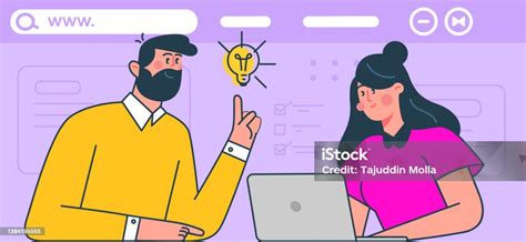 웹 디자인 스튜디오 또는 랩톱에서 작업하고 새로운 프로젝트 시각화에 대해 논의하는 팀 전구는 영감과 동기 부여의 상징입니다 팀웍 개념 플랫 스타일의 벡터 문자입니다 가공의