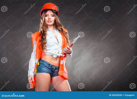 Woman Structural Engineer With Tablet Working Stock Photo Image Of Pretty Girl