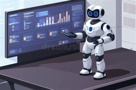 Futuristic Humanoid Robot Presenting Data Analysis At A Business