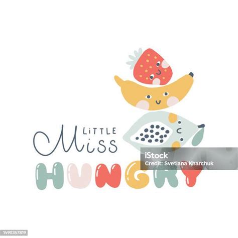 웃는 얼굴 재미있는 비문을 가진 과일 캐릭터 배고픈 리틀 미스 단순하고 순진한 스타일의 손으로 그린 만화 낙서 아이들을 위한 벡터 삽화 흰색 배경에 귀여운 과일을 분리합니다