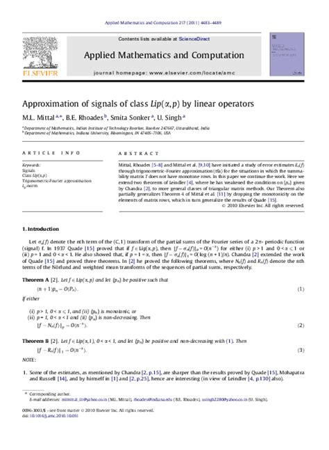 pdf approximation of signals of class lip α p by linear operators