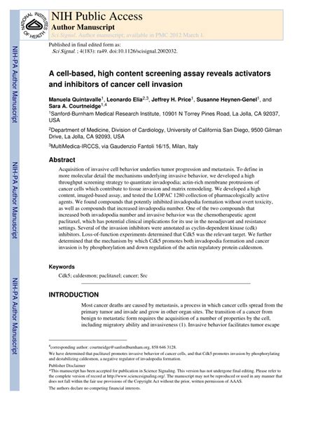 Pdf A Cell Based High Content Screening Assay Reveals Activators And Inhibitors Of Cancer Cell