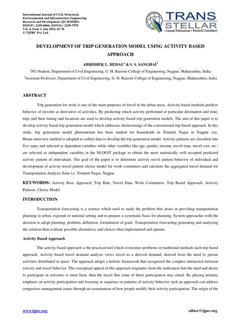 Pdf Development Of Trip Generation Model Using Activity Based Approach