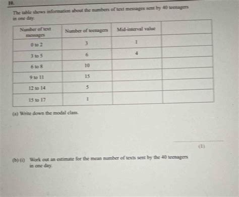 solved 10 the table shows information about the numbers of text