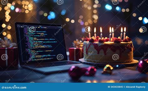 Celebrating Coding Milestones With A Birthday Cake And Sparkling Decorations At Night Stock