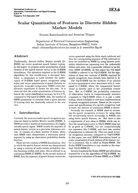pdf scalar quantization of features in discrete hidden markov models