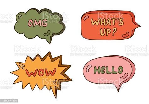 트렌디한 말풍선은 다양한 모양의 손으로 그린 대화 문구로 설정됩니다 대화 단어가 있는 온라인 채팅 클라우드 안녕하세요 무슨 일이야 와우 세상에 타원형 원형 사각형 구름 하트
