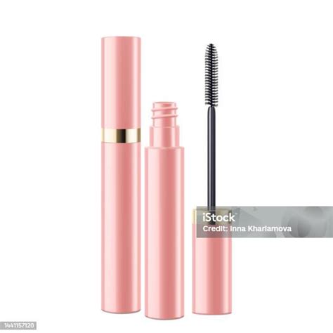 마스카라 튜브와 지팡이 애플리케이터 속눈썹 브러시가 있는 화장품 블랙 병 흰색 배경에 격리 웹 디자인 배너 포스터 광고 광고에 대 한 현실적인 벡터입니다 0명에 대한 스톡
