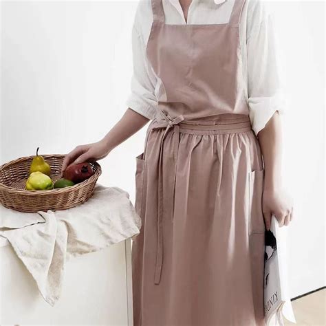 구디푸디 린넨 코튼 방수 앞치마 카페 어린이집 주방 롱 원피스 앞치마 5color