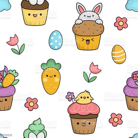 벡터 Kawaii 부활절 완벽 한 패턴은 재미 있는 컵 케이크와 아이 들을 위한 완벽 한 패턴입니다 귀여운 만화 반복 배경 전통적인 기호 디지털 종이에는 색깔의 계란 케이크