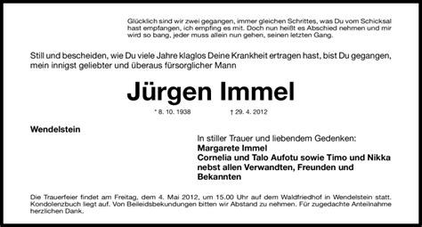 Traueranzeigen Von Jürgen Immel Trauer Nn De