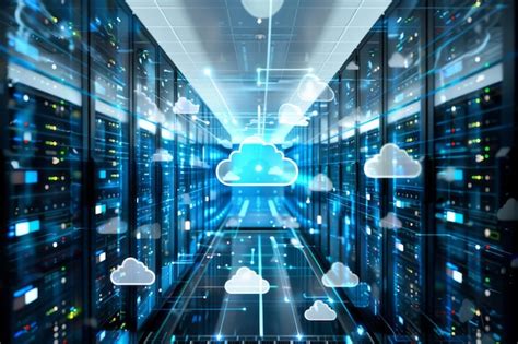 Cloud Computing Icons Floating Above A Server Room Premium Ai