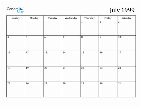 July 1999 Monthly Calendar Pdf Word Excel