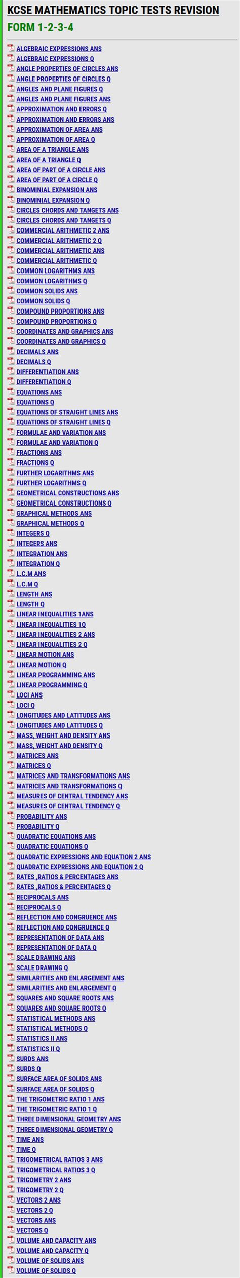 Kcse Mathematics Topic Tests Revision Kcse Online