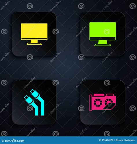 Set Video Graphic Card Computer Monitor Screen Lan Cable Network Internet And Black Square